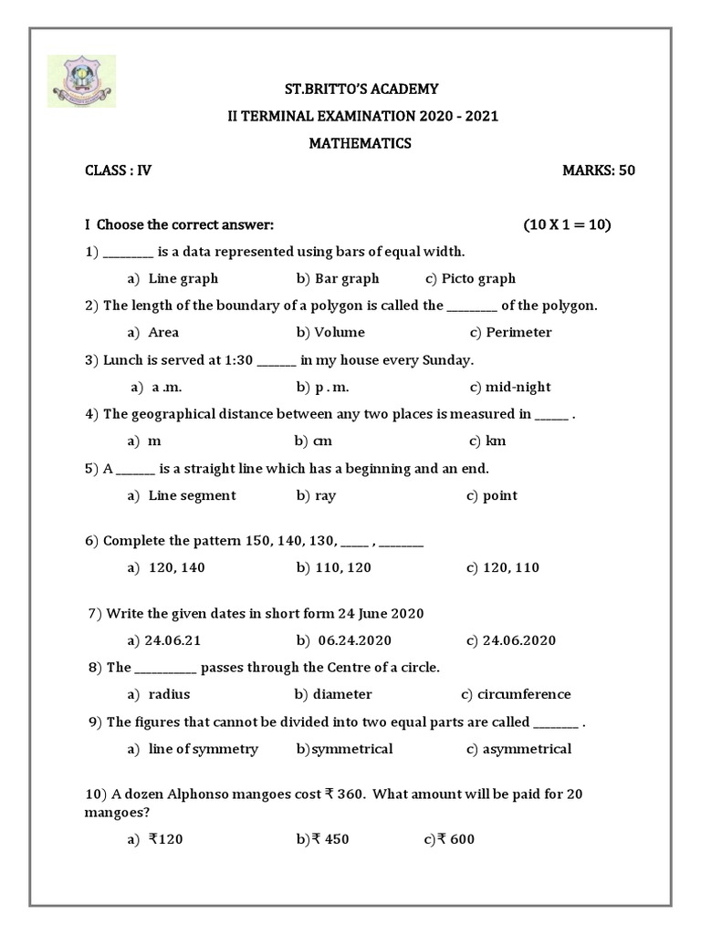 Class IV Mathematics Exam 2020-21 | PDF | Area | Geometry