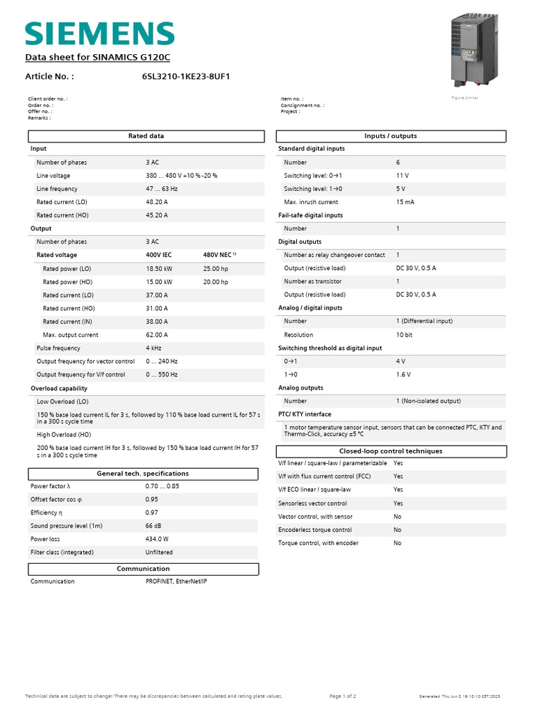 SINAMICS G120C Data Sheet 6SL3210-1KE23-8UF1 | PDF | Electric Motor ...