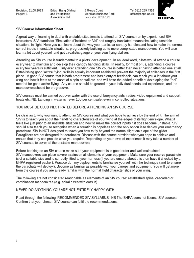 SIV Course Information Sheet | PDF