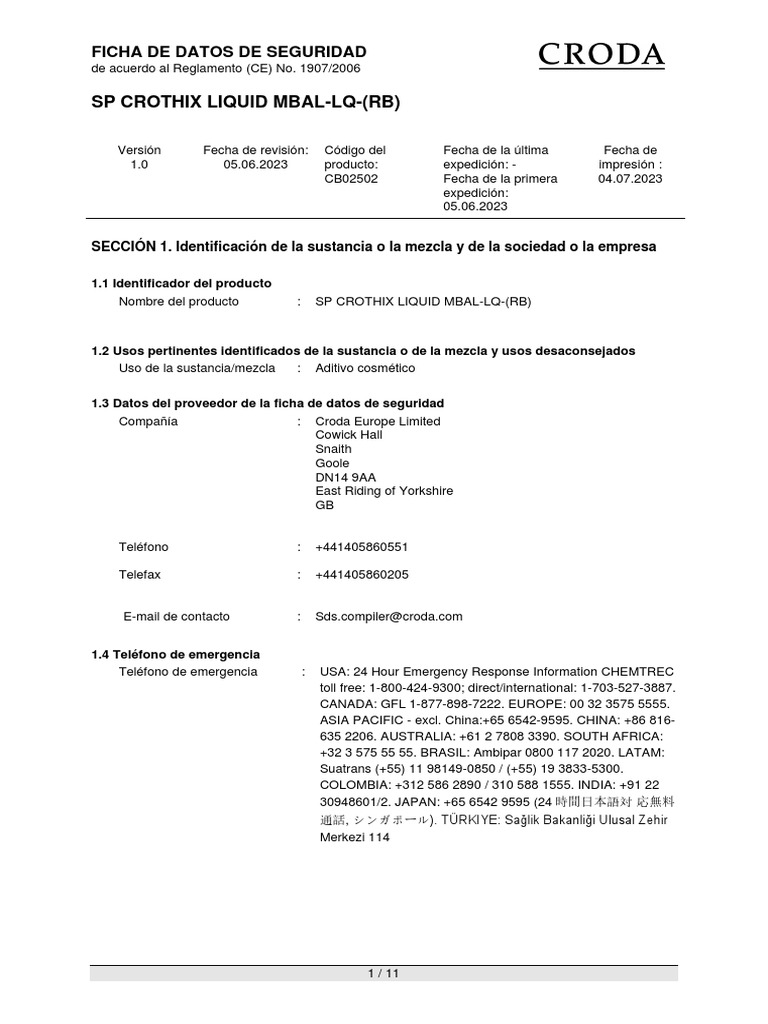 Ficha de Seguridad Del Crothix Liquido | PDF | Toxicidad | Agua