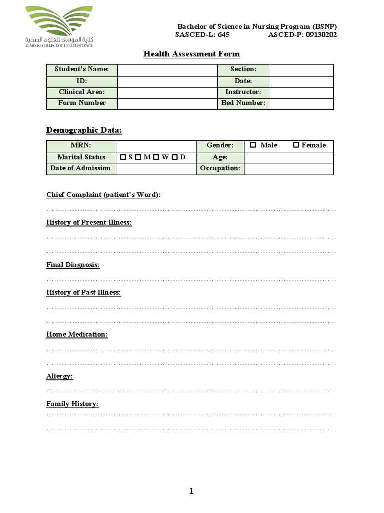 Updated Health Assessment Form With Scores 22-1-2023 | PDF | Clinical ...