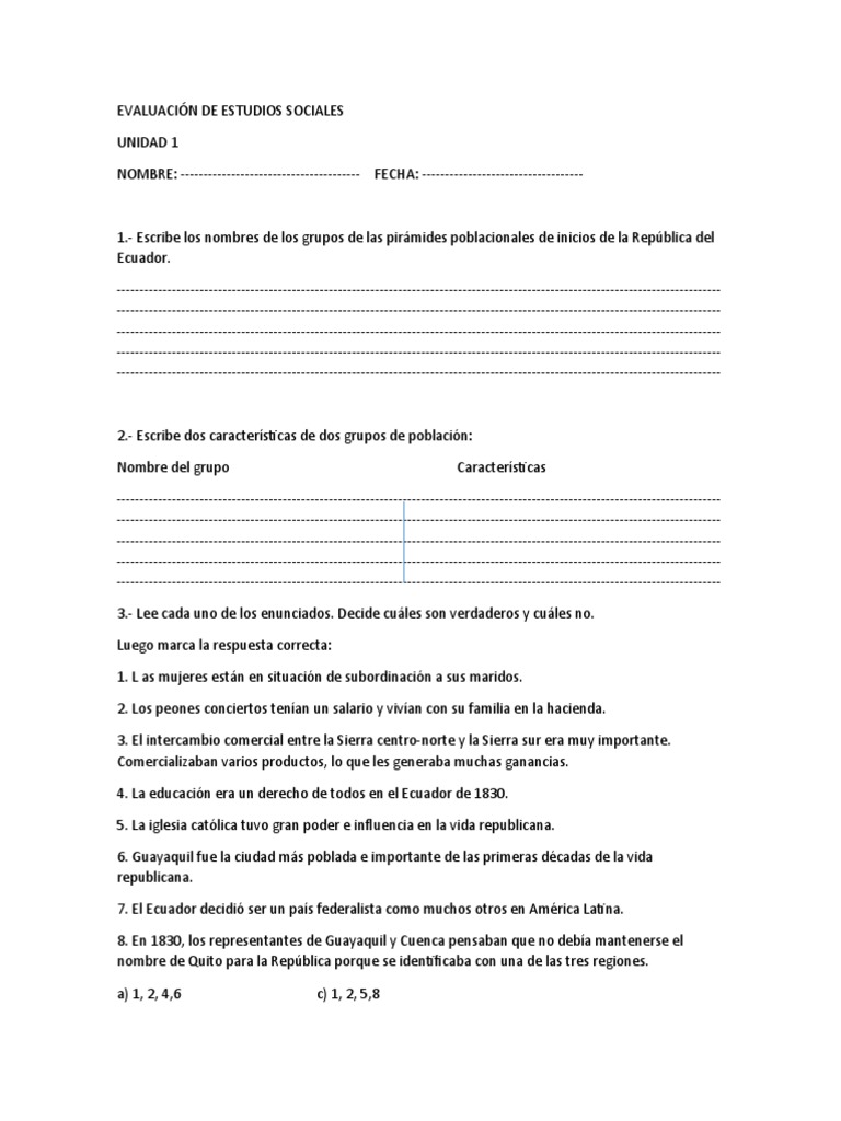 Evaluación de Estudios Sociales Unidad 1 | Descargar gratis PDF | Ecuador