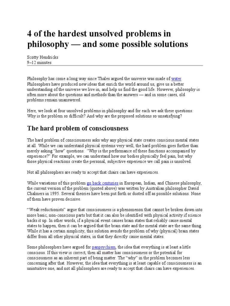 Hardest Unsolved Problems in Philosophy | PDF | Nothing | Consciousness