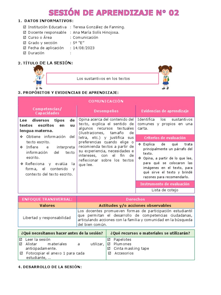 Sesión de Aprendizaje 10 Textos Sustantivos.. | PDF