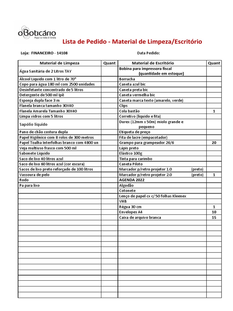 Modelo Lista Material Escritório | PDF