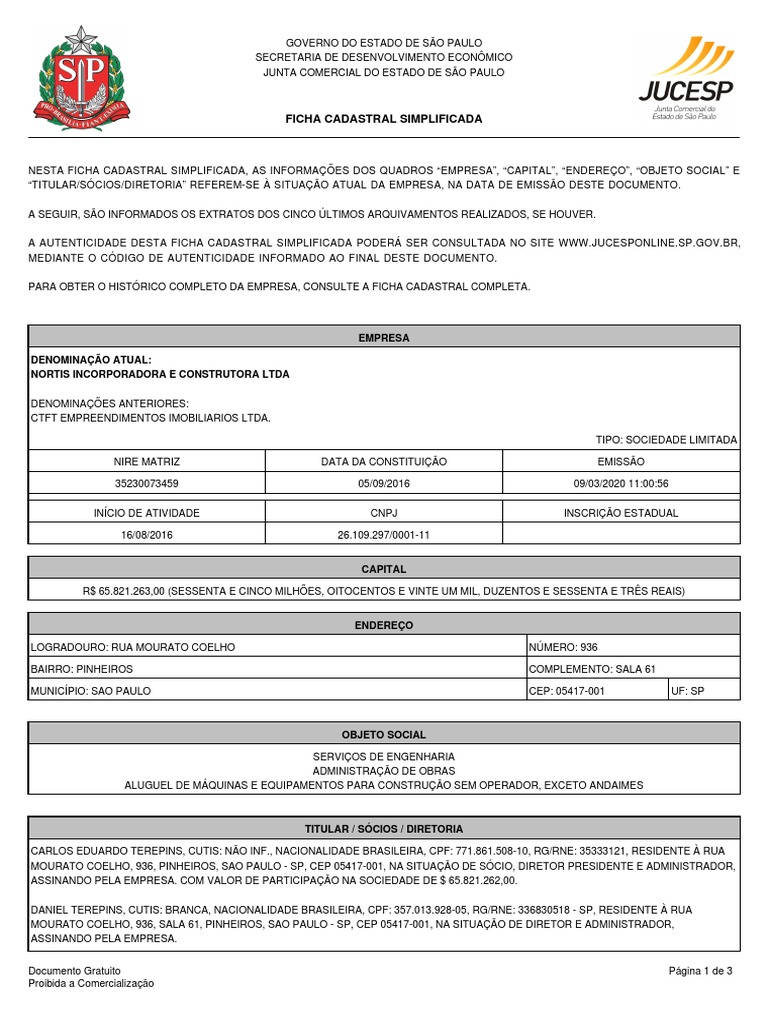 Ficha Cadastral Atualizada Do NIRE - 35230073459 | PDF | São Paulo | Brasil
