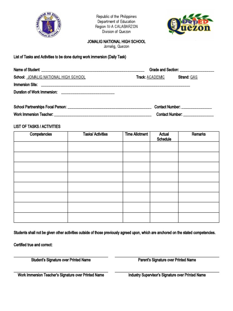 Work Immersion List of Tasks and Activities | PDF