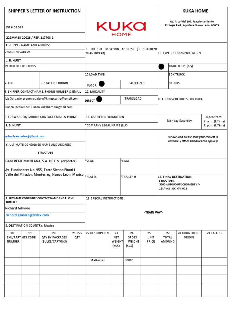 Shipper Letter Instructions 222mm13-20026 Ref.117703-1 | PDF