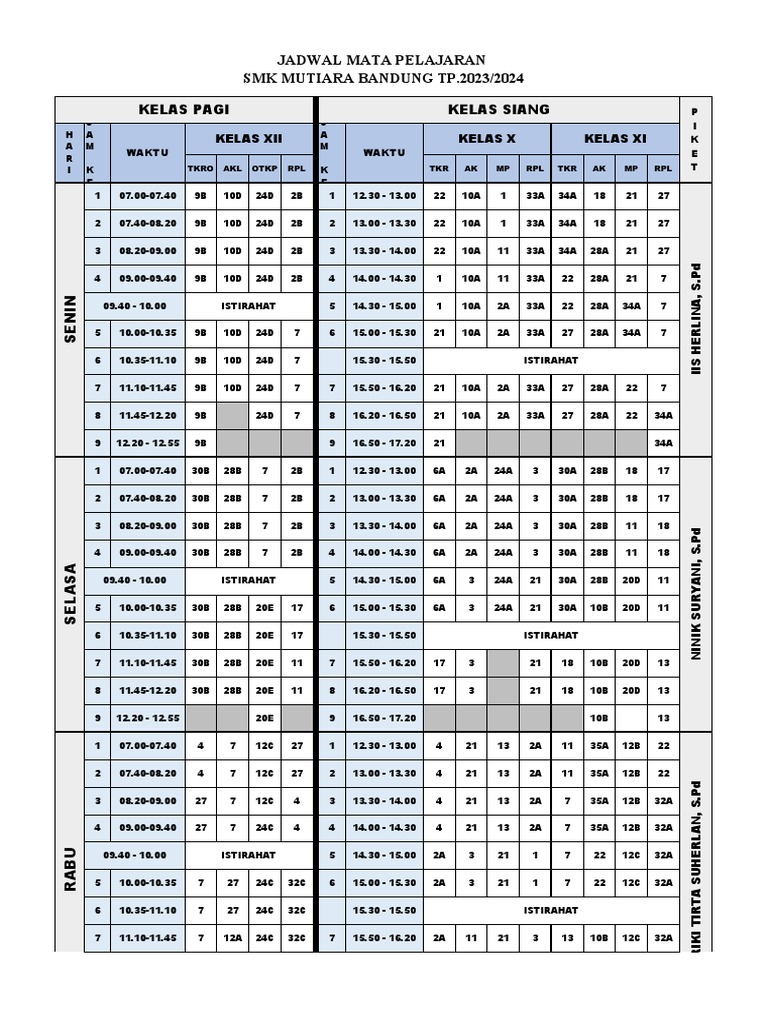 JADWAL PELAJARAN TP 2023-2024 | PDF