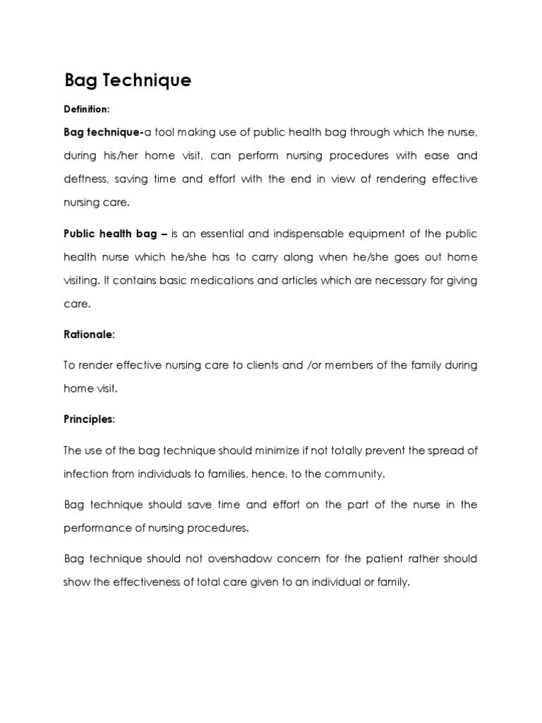 Bag Technique With RATIONALE | PDF | Hand Washing | Medicine