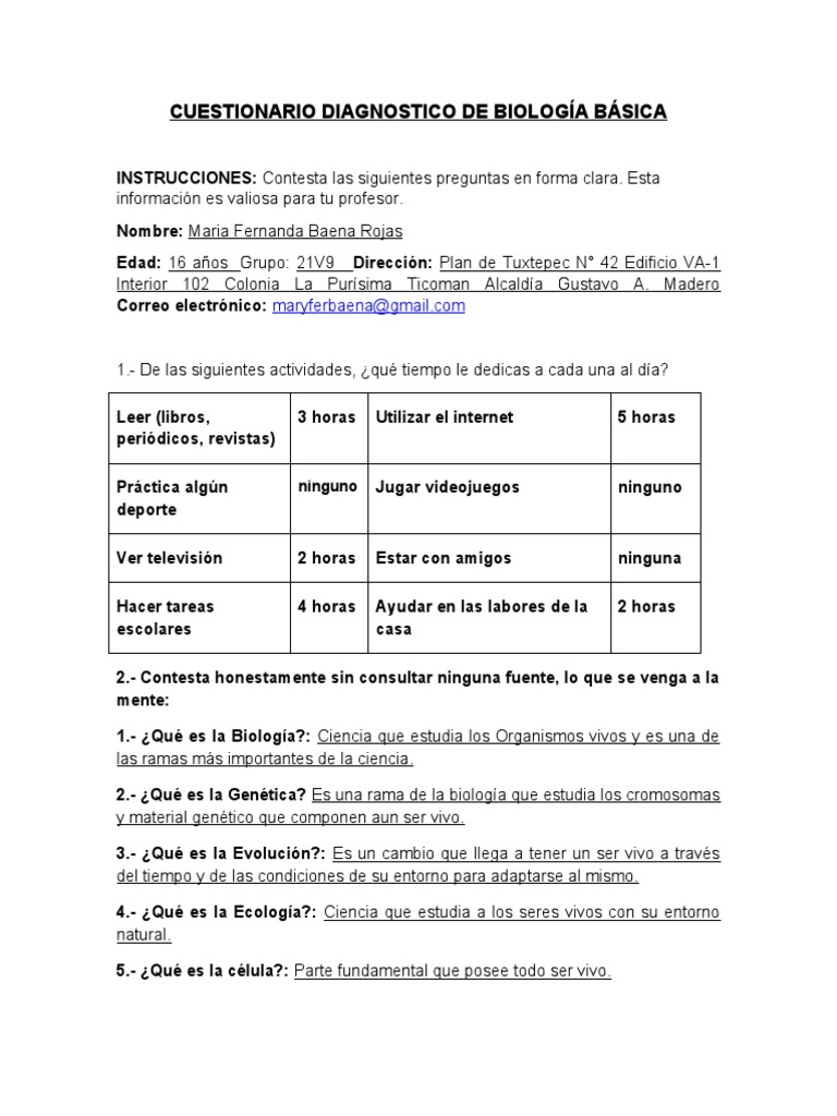 Cuestionario Diagnóstico de Biología Mfernanda - Baena - 21V9 | PDF | Relaciones personales ...
