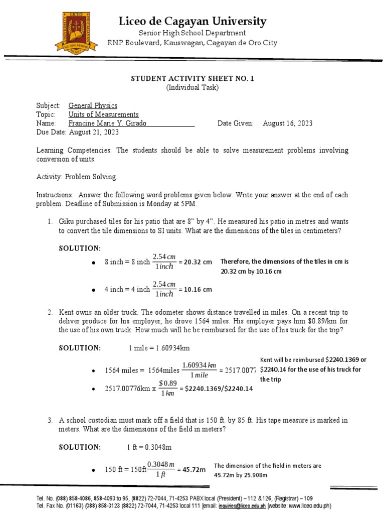 Activity No. 1 - Units of Measurement | PDF | Science | Units Of ...