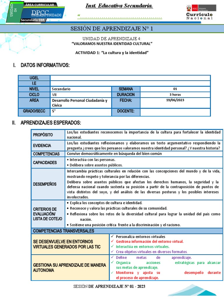 5º DPCC - Ses 1 Uni 4 - Sem 01 | PDF | Aprendizaje | Evaluación