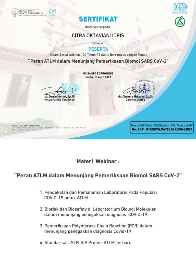 Peran Atlm Dalam Menunjang Pemeriksaan Biomol Sars Cov 2 Rs. Santo Borromeus Compressed | PDF ...