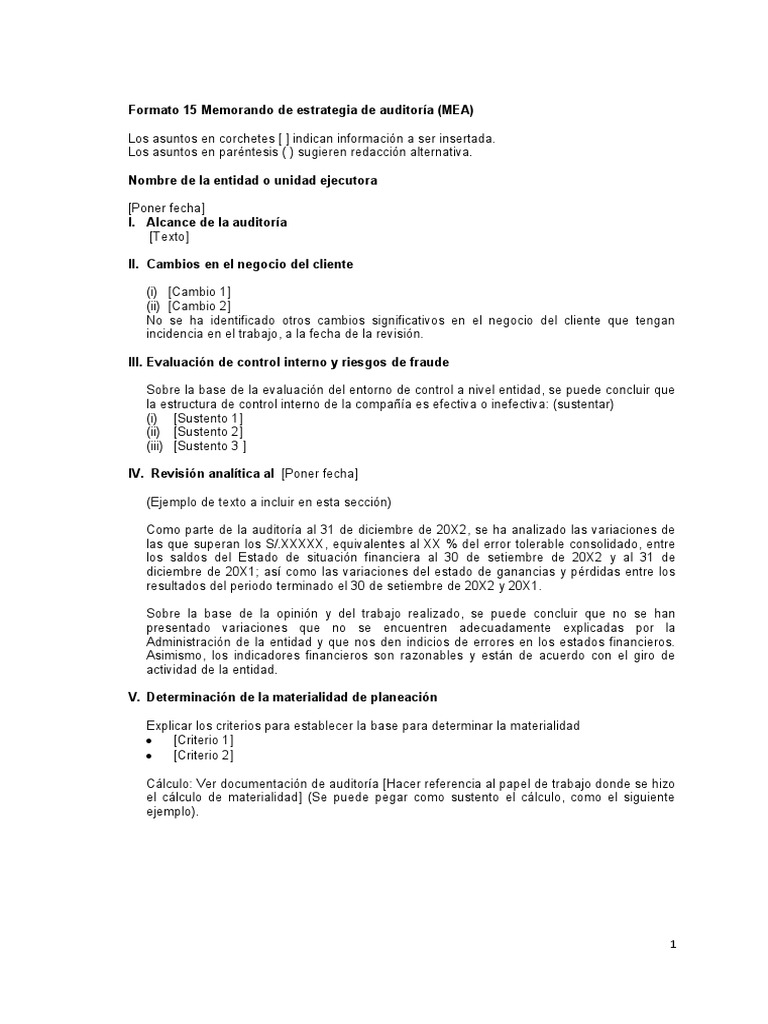 Formato 15 Memorando de Estrategia de Auditoría (MEA) | PDF | Auditoría | Contabilidad