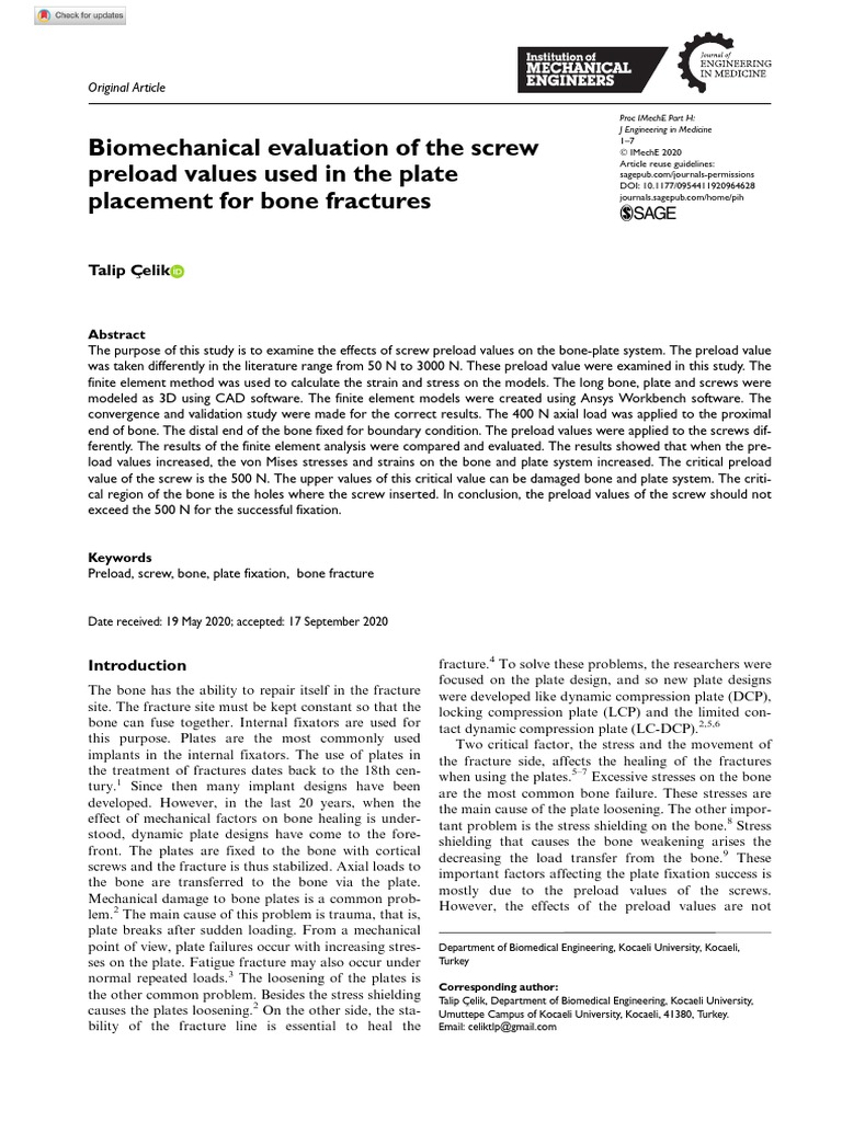 Biomechanical Evaluation of The Screw Preload Values Used in The Plate Placement For Bone ...