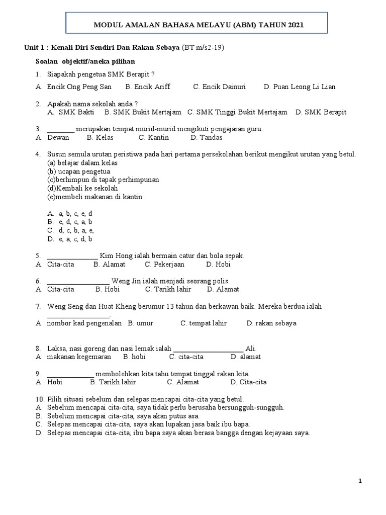 MODUL PEMBELAJARAN AMALAN BAHASA MELAYU Tahun 2021 | PDF