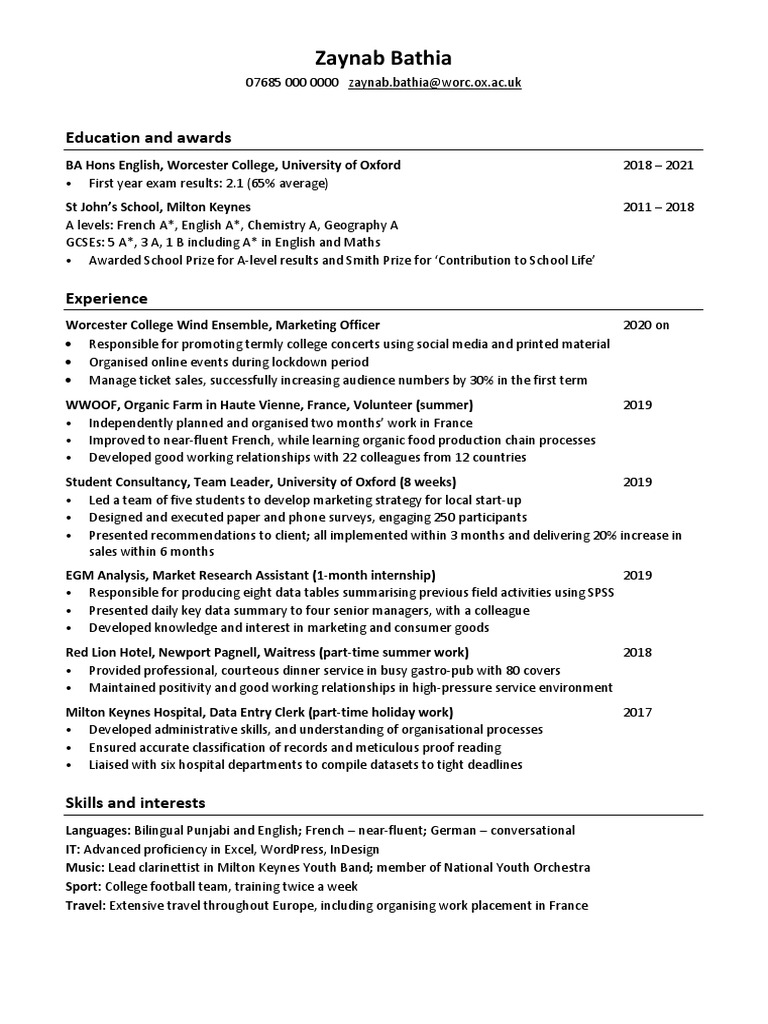 Traditional Cv Examplepdf | Pdf