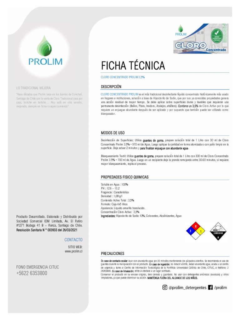 Ficha Tecnica Cloro Prolim | PDF