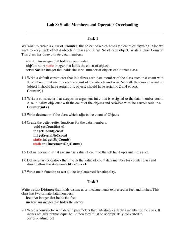Lab 8 Operator Overloading I Pdf Matrix Mathematics Parameter Computer Programming