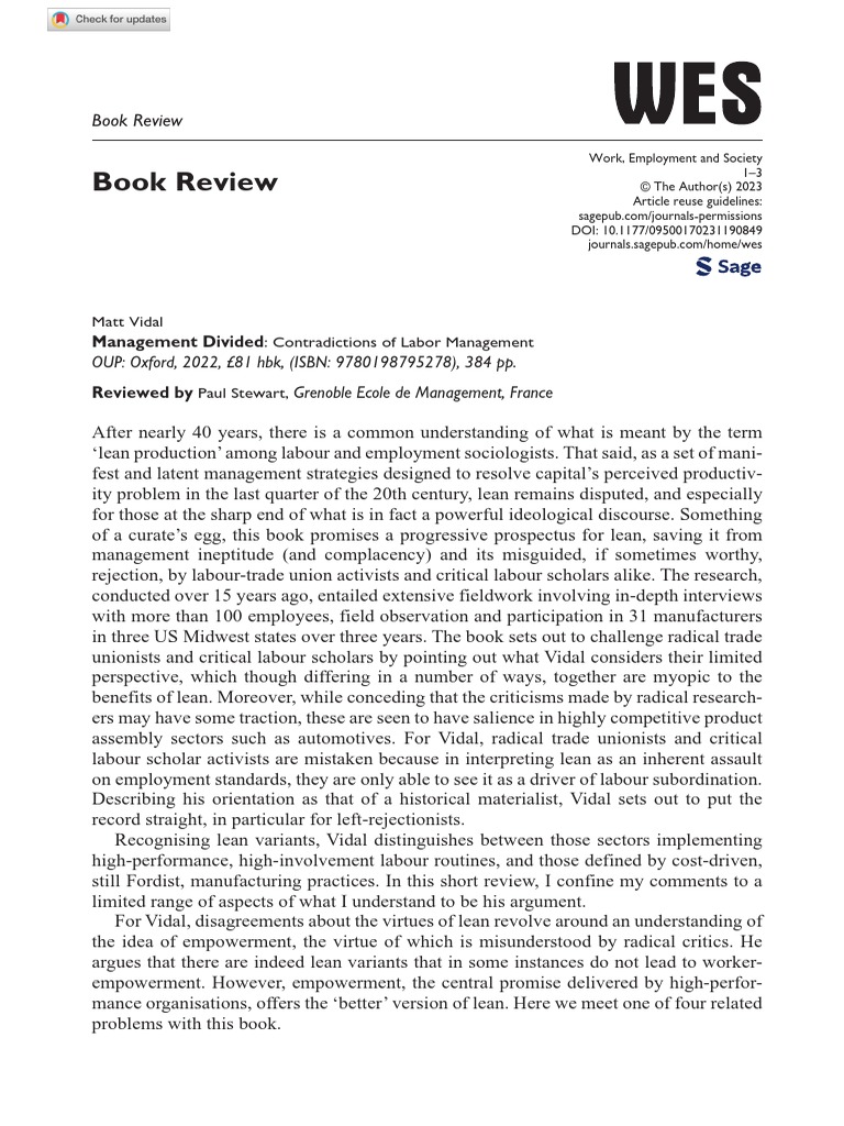 Stewart 2023 Book Review Matt Vidal Management Divided Contradictions ...