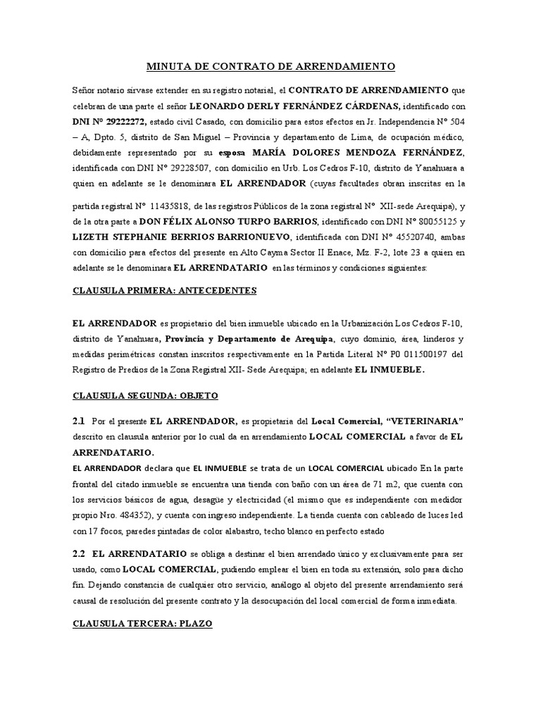 Minuta de Contrato de Arrendamiento | PDF | Economias | Justicia