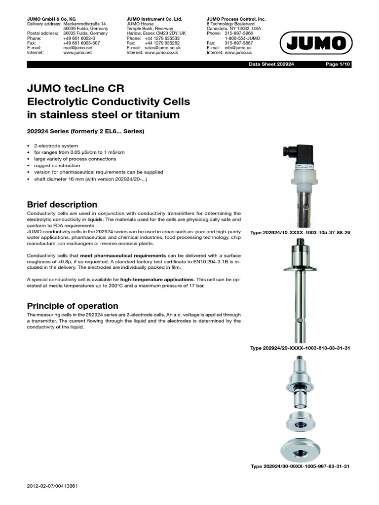 Jumo Tecline CR Electrolytic Conductivity Cells in Stainless Steel or ...