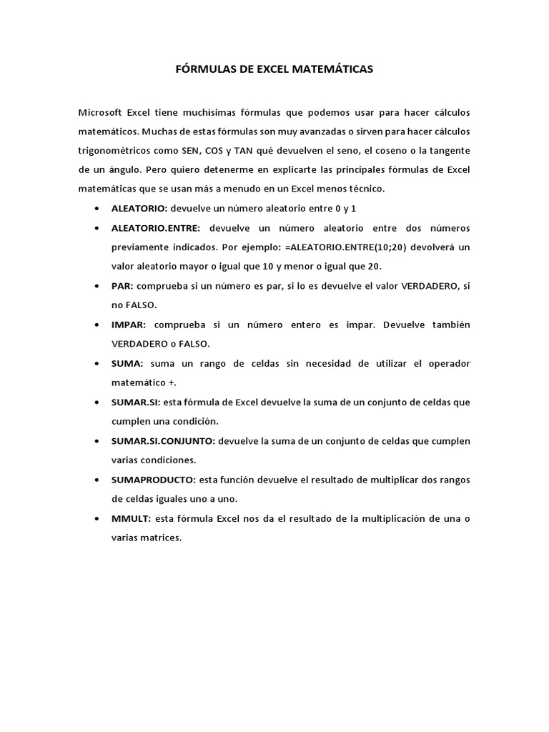20 Fórmulas Esenciales de Excel PDF | PDF | Microsoft Excel ...