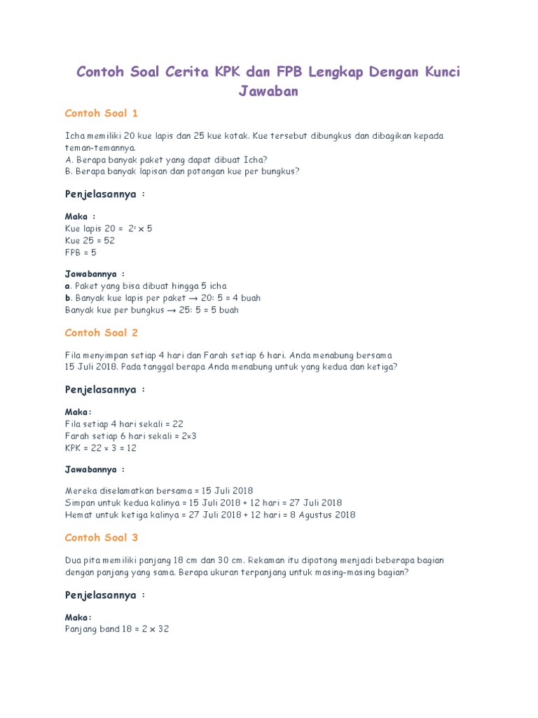 Contoh Soal Cerita KPK Dan FPB Lengkap Dengan Kunci Jawaban | PDF