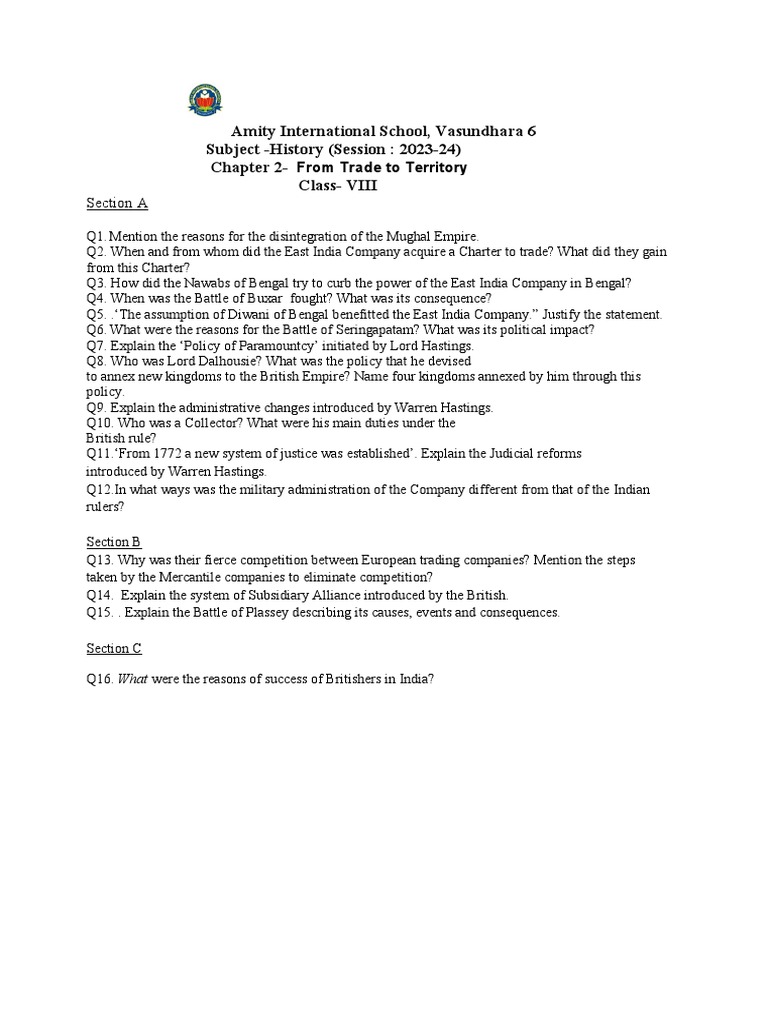 Amity International School, Vasundhara 6 Subject - History (Session ...