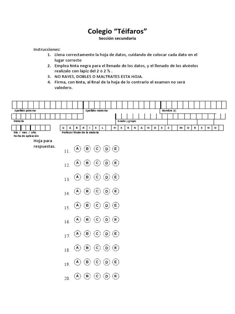 Hoja para Respuestas Alveolos 1 Al 40 | PDF