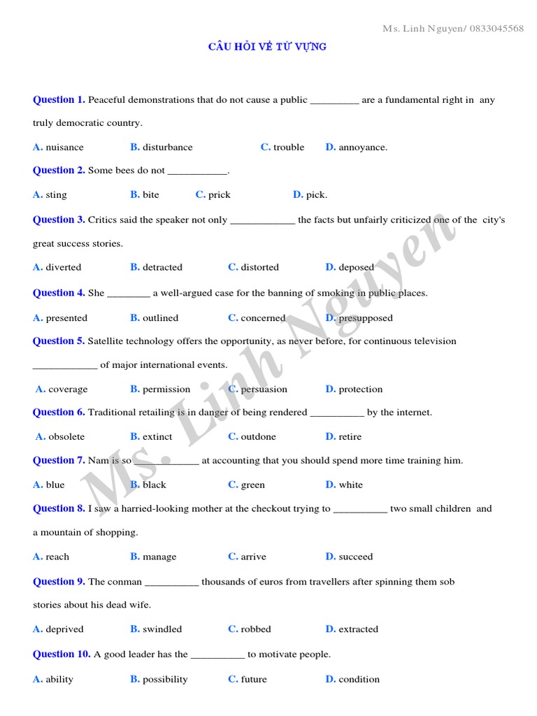 Bài tập từ vựng (P1) - (NTL) | PDF
