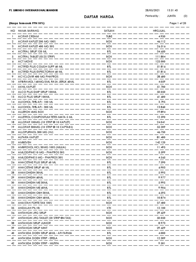 Daftar Harga PT. Limindo | PDF
