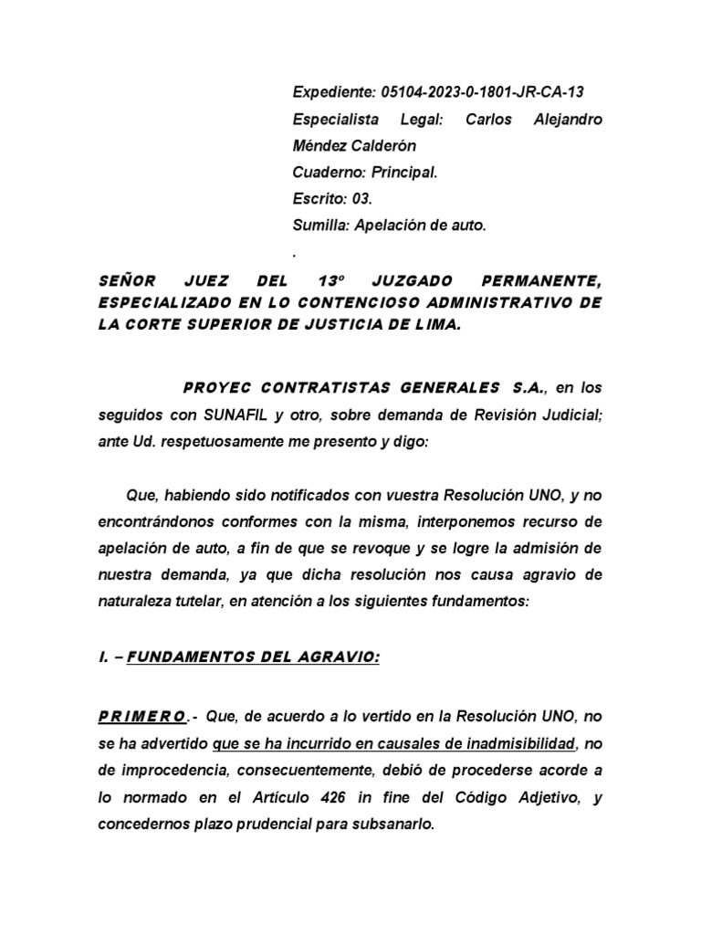 Escrito 3 Apelacion de Auto | PDF | Demanda judicial | Apelación