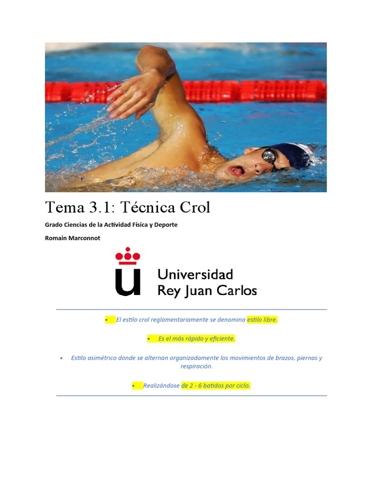 Tema 3.1 - Técnica Crol | PDF | Codo | Mano