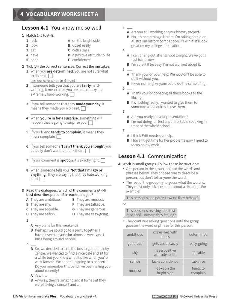 Life Vision Int Plus Vocab Worksheet A U4 | PDF