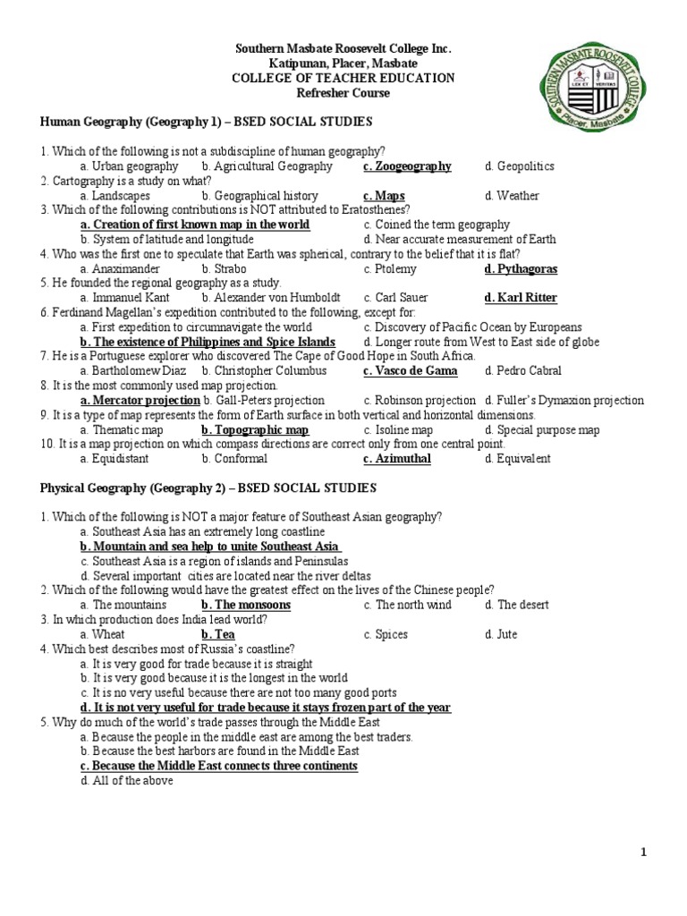 REFRESHER COURSE MULTIPLE CHOICE | PDF | Asia | Geography