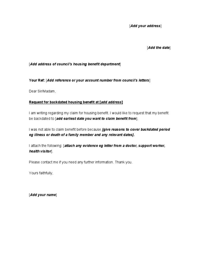 HB1 Request Payment of Backdated Housing Benefit Sample Letter | PDF