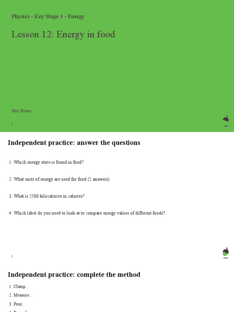 Lesson 12 Energy in Food - Worksheet | PDF