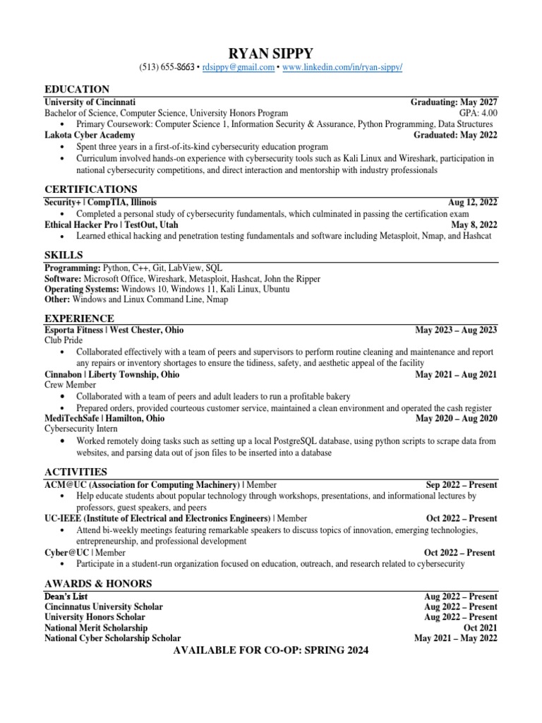 Sippy Ryan Resume 2023 | Download Free PDF | Computer Security | Security