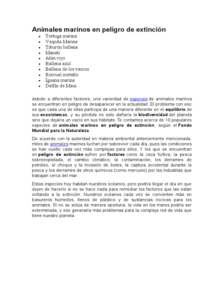 Animales Marinos en Peligro de Extinción | PDF