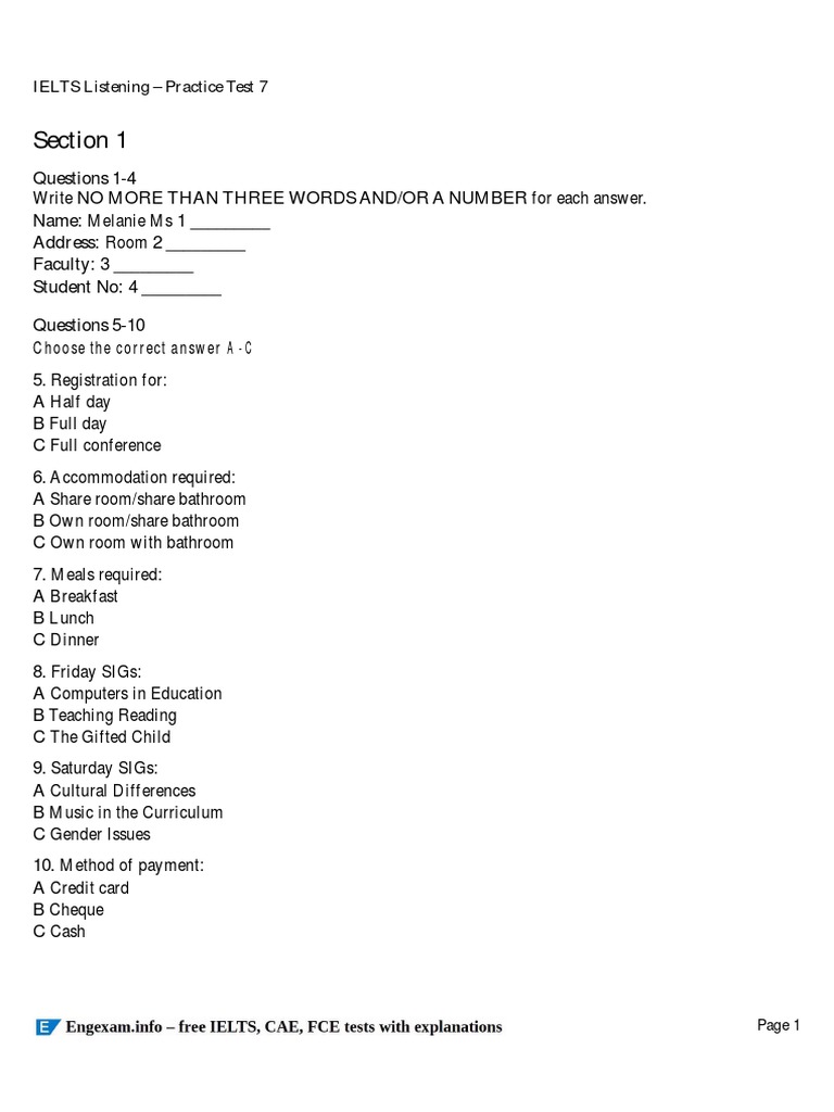 IELTS Listening Practice Test 7 Printable | PDF