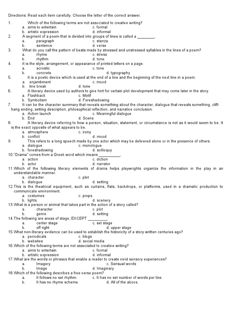 Creative Writing Quiz Questions | PDF