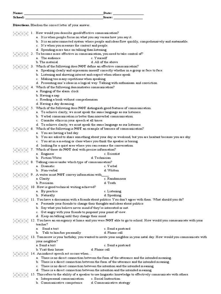 Oral Comm Test | PDF | Communication | Nonverbal Communication