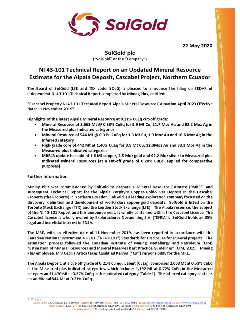 Solgold PLC Ni 43-101 Technical Report On An Updated Mineral Resource ...