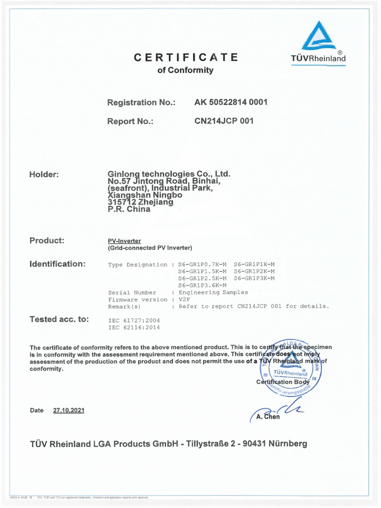 Solis - Certificate - IEC 61727&IEC 62116 - S6-GR1P (0.7-3.6) K-M - IND - V01 | PDF