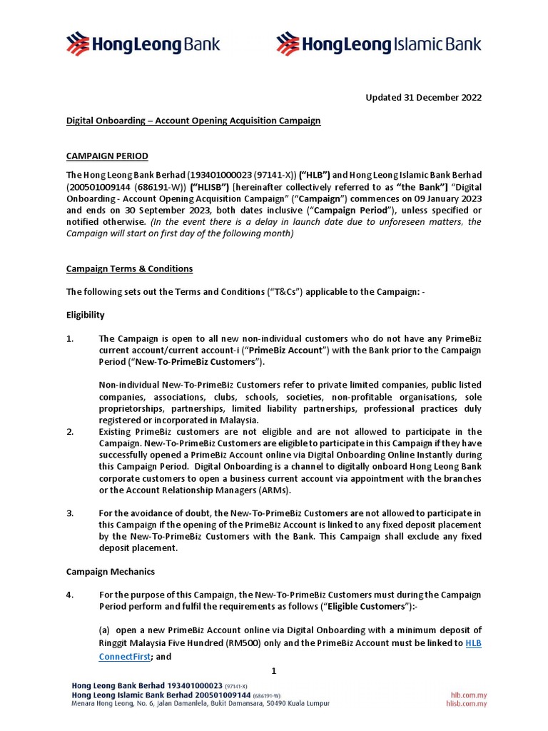 HLB Digital Onboarding Campaign TNC | PDF | Banks | Small And Medium Sized Enterprises