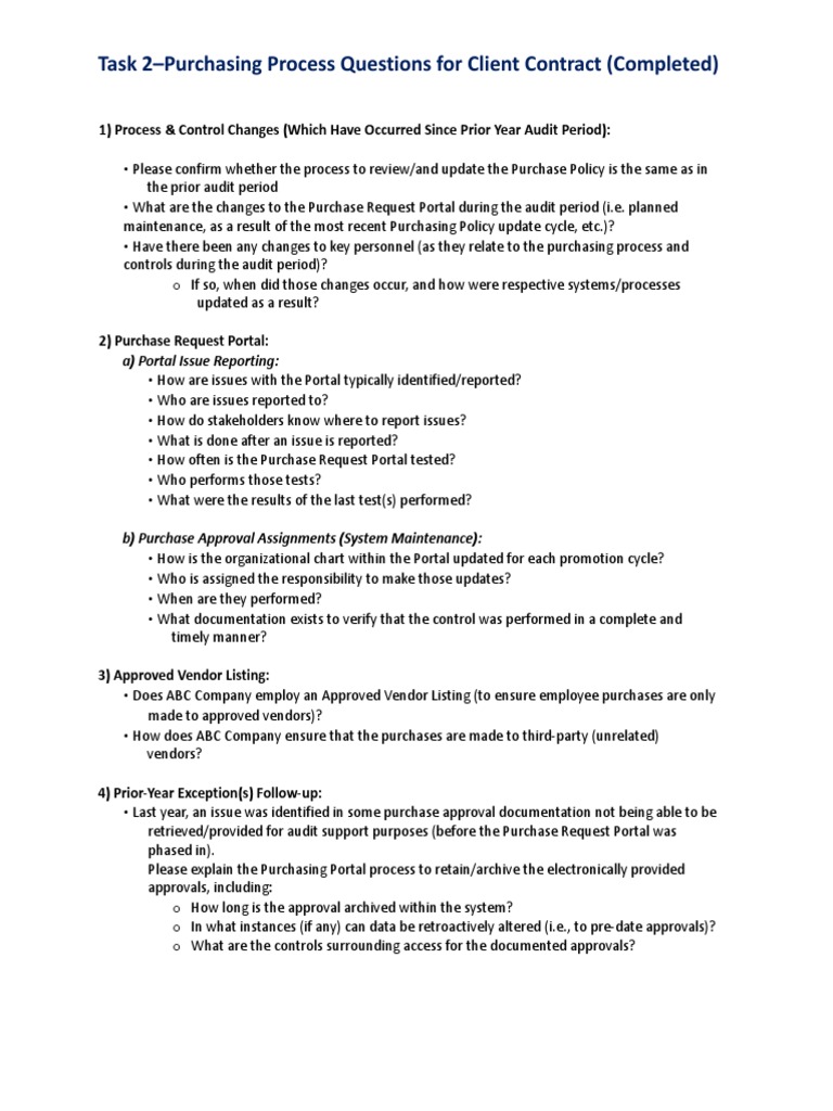 Task 2 - Purchasing Process Questions For Client Contact (Completed) | PDF