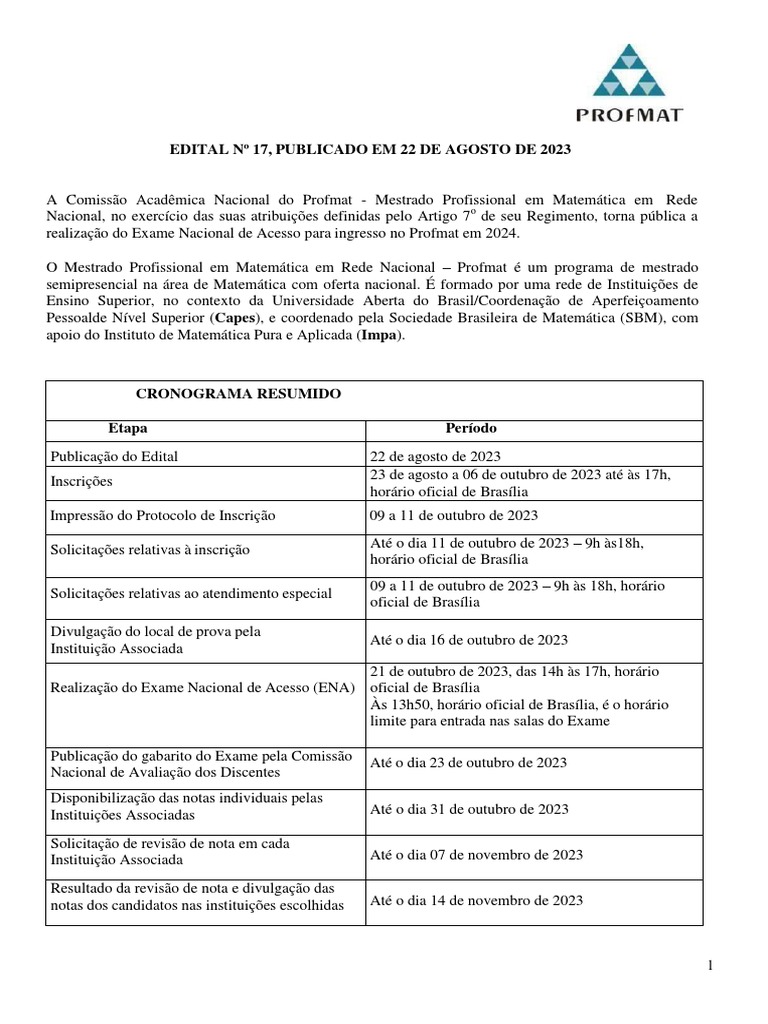 Edital Do Exame Nacional de Acesso Ao PROFMAT 2024 | PDF