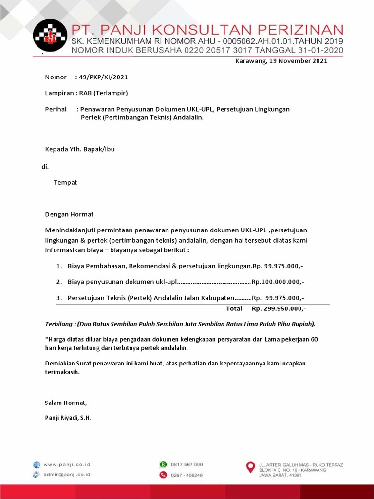 Penawaran Penyusunan Dokumen UKL UPL Persetujuan Lingkungan Pertek ...